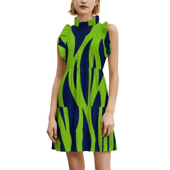 Abstract Green Navy Leaf Pattern Women's Fashion Casual Dress Summer ...