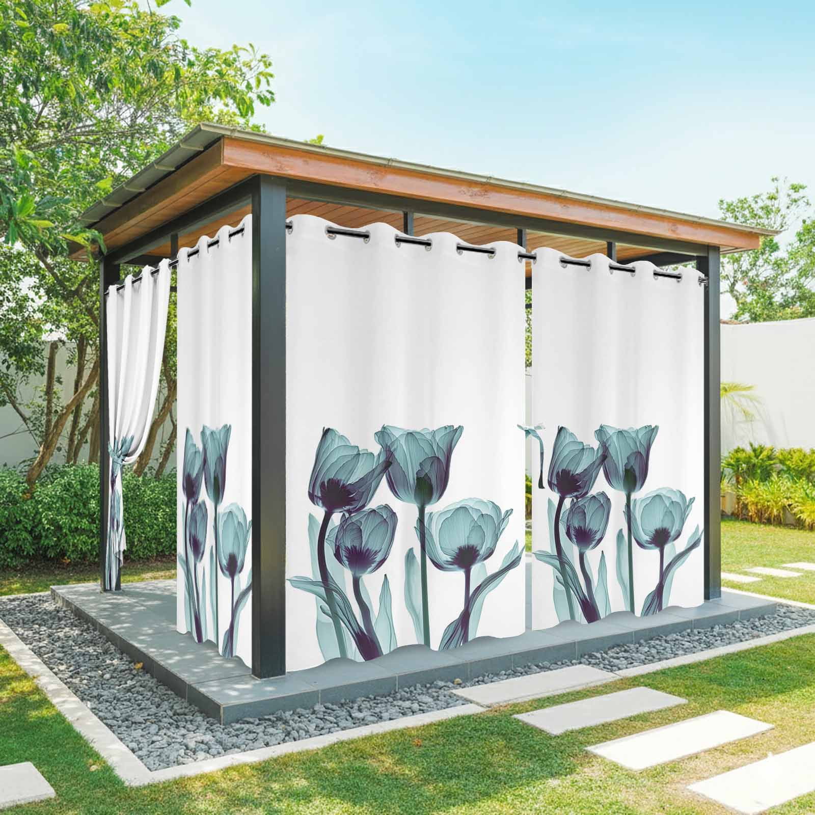 Abstract Green Outdoor Curtains for Patio Waterproof, Tulip Ray White ...