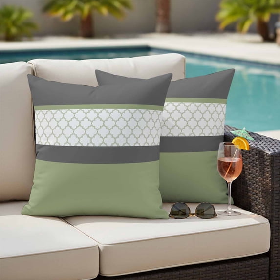 Abstract Green Outdoor Throw Pillow Covers Set of 2, Grey Stripes ...