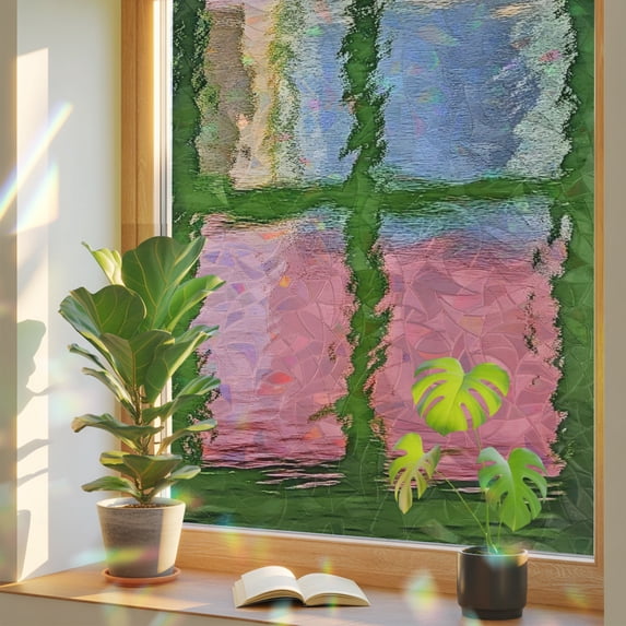 Abstract Green Pink Blue Window Privacy Film, Modern Blurry Garden View ...
