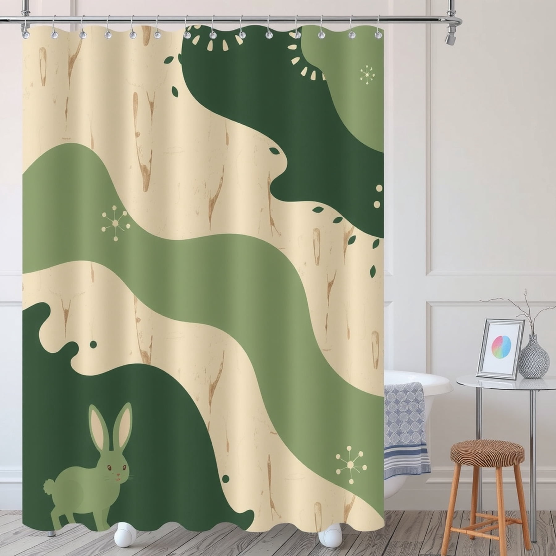 Abstract Green Rabbit Shower Curtain - Cream Canvas with Floral Design ...