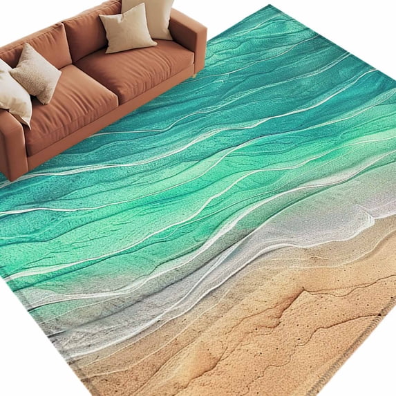 Abstract Green Rectangle Area Rug 8x10 ft Ocean Beach Waves Lines ...
