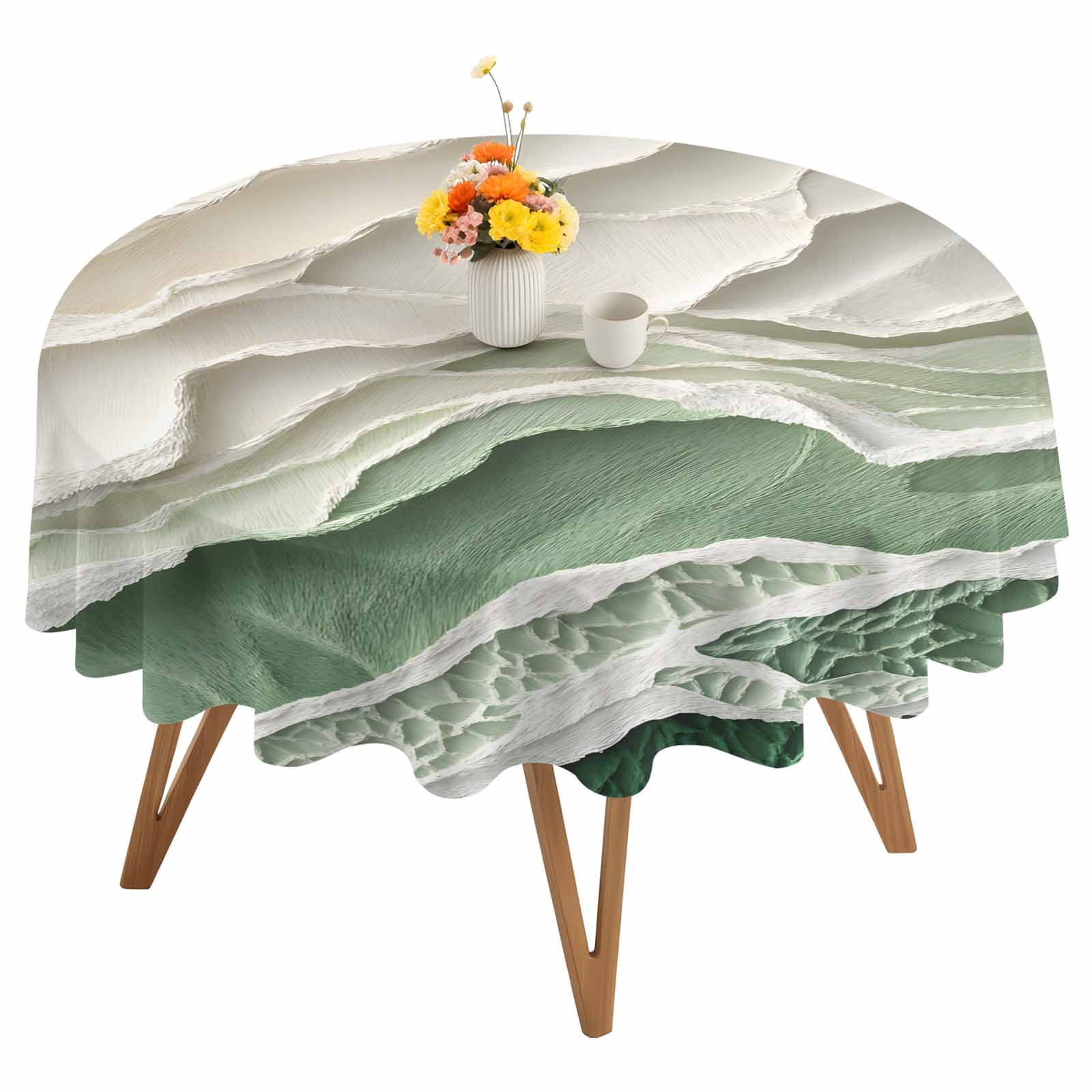 Abstract Green Round Tablecloth 54 inches Beige Ocean Wave Oil Painting ...