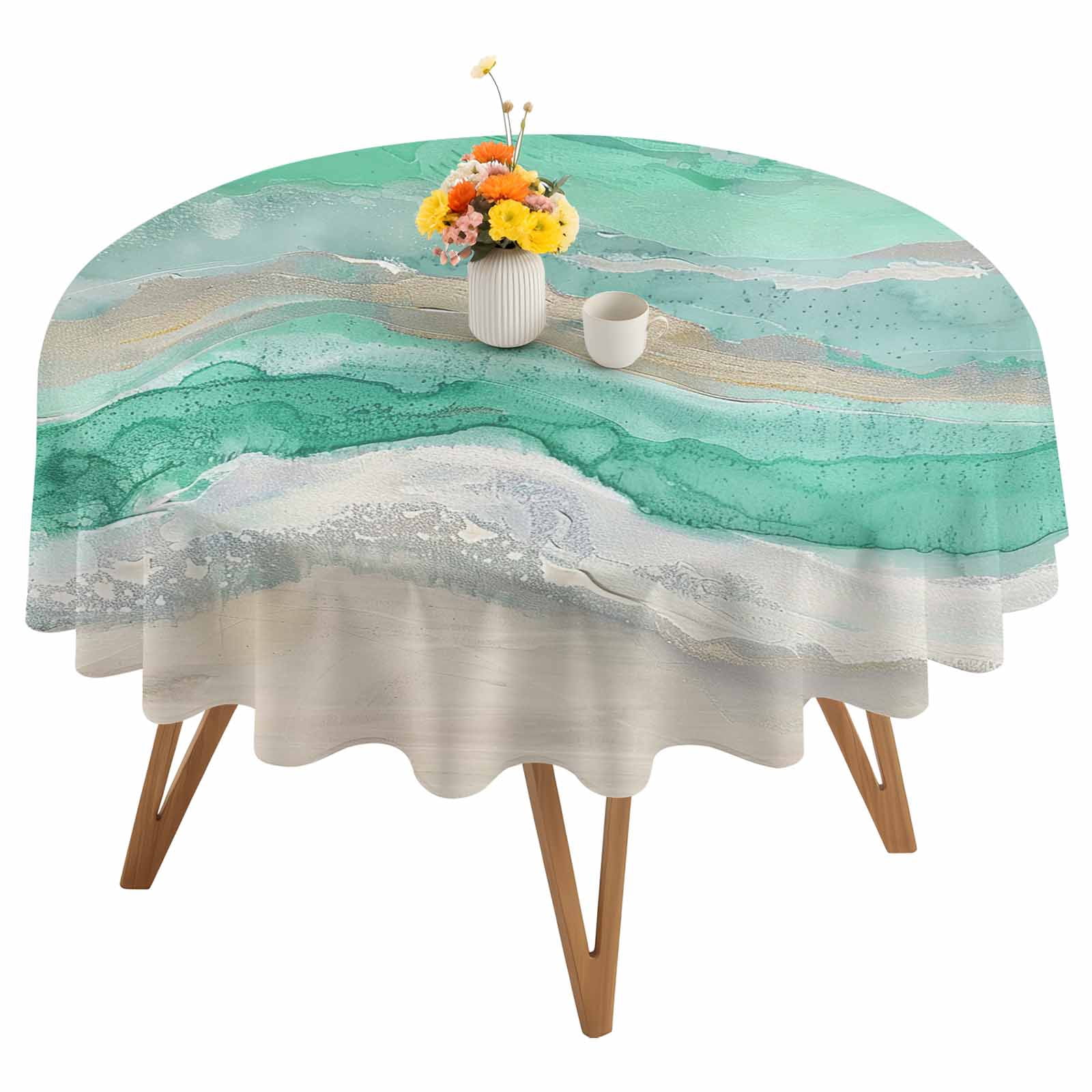 Abstract Green Round Tablecloth 60 inches Gradient Beach Ocean Wave Oil ...