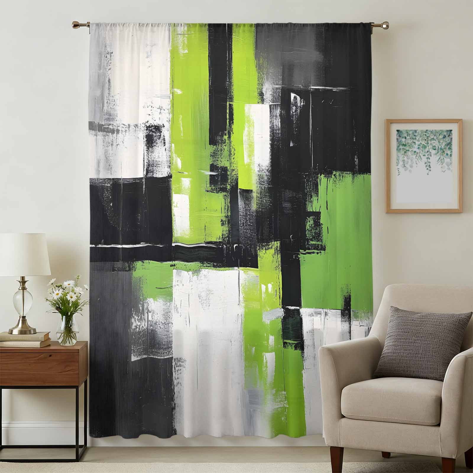 Abstract Green Sheer Curtains 45 Inches Long, Retro Black Grey White ...