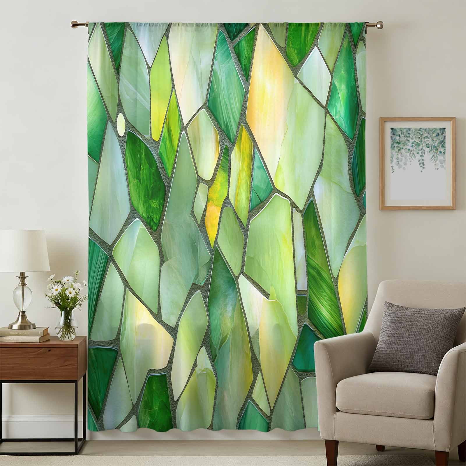 Abstract Green Sheer Curtains 63 Inches Long, Modern Crystal Rock ...