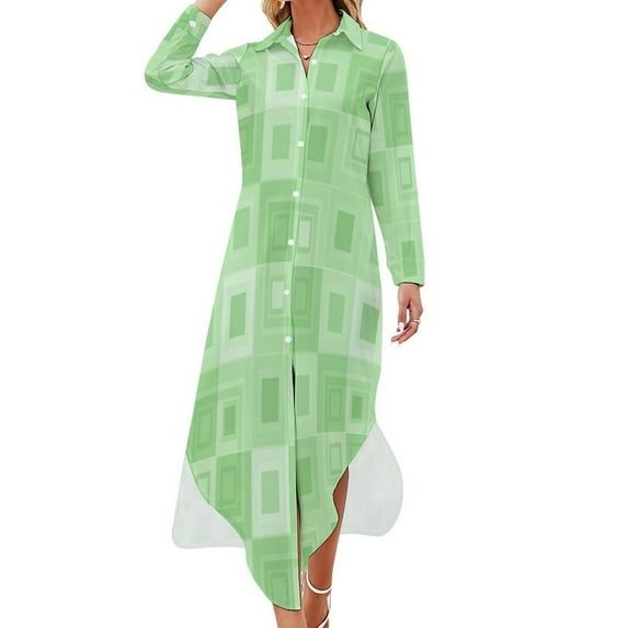 Abstract Green Square Pattern Shirt Dress Long Sleeve Street Fashion V ...