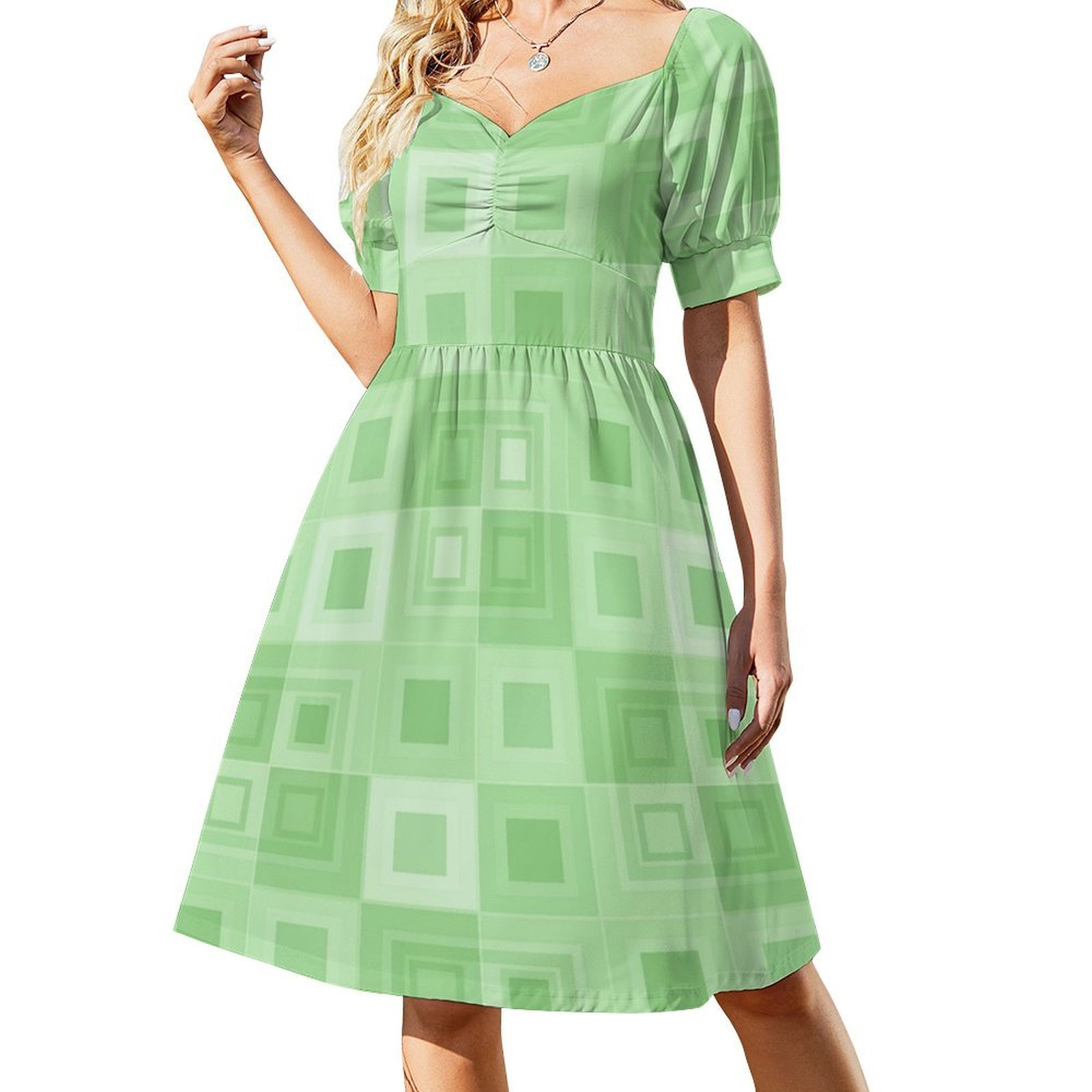 Abstract Green Square Pattern Short Sleeve Dress Clothes Women's Summer ...