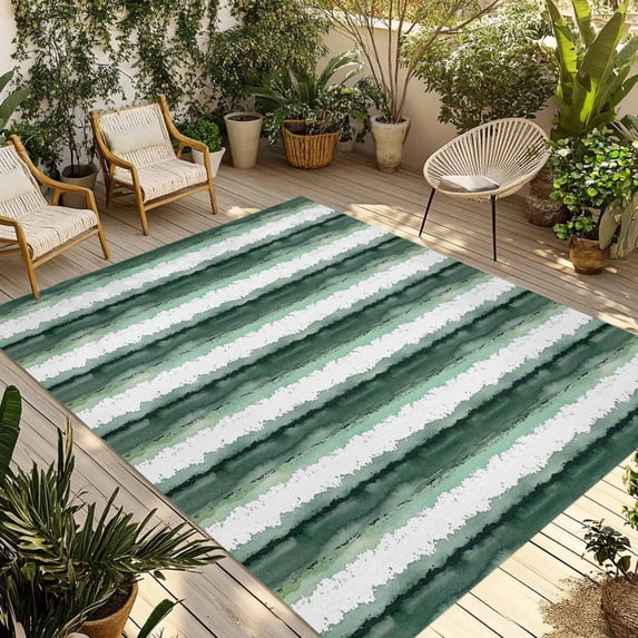 Abstract Green Stripes Outdoor Rug, Minimalist Green White Striped ...