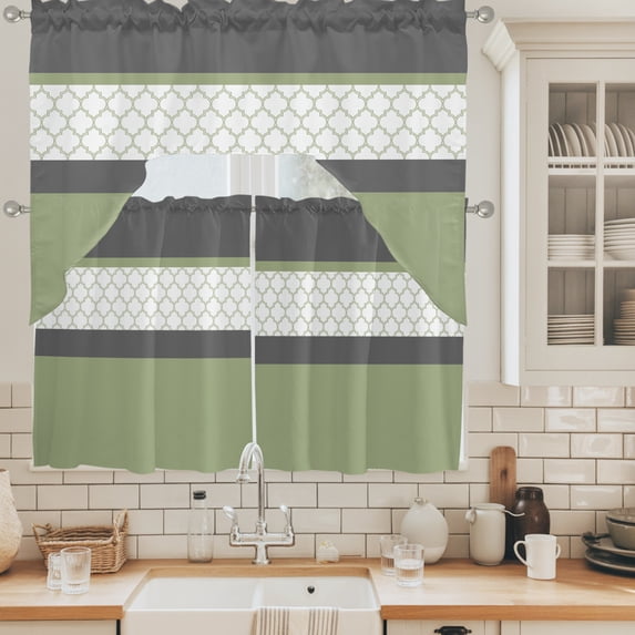 Abstract Green Swag Curtains Valance and Tier Set, Grey Stripes ...