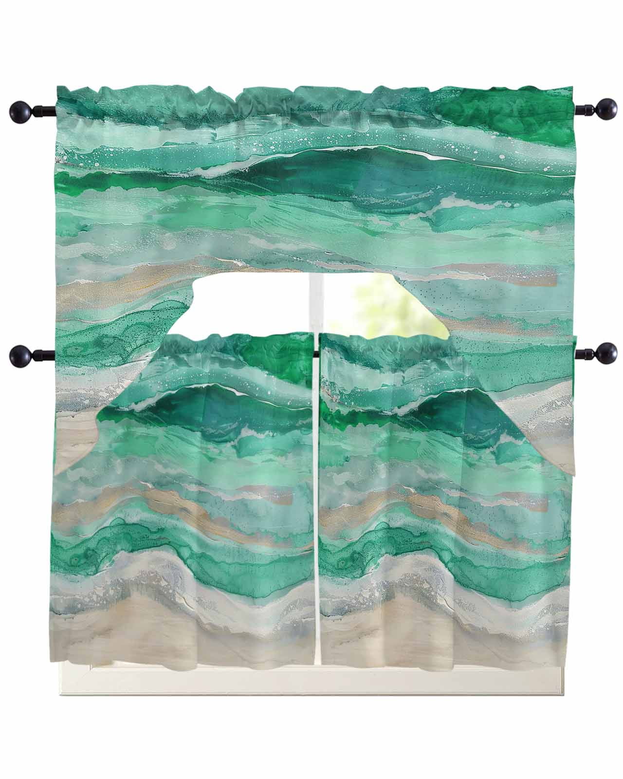 Abstract Green Swag Valance and Tier Curtains Set Gradient Beach Ocean ...
