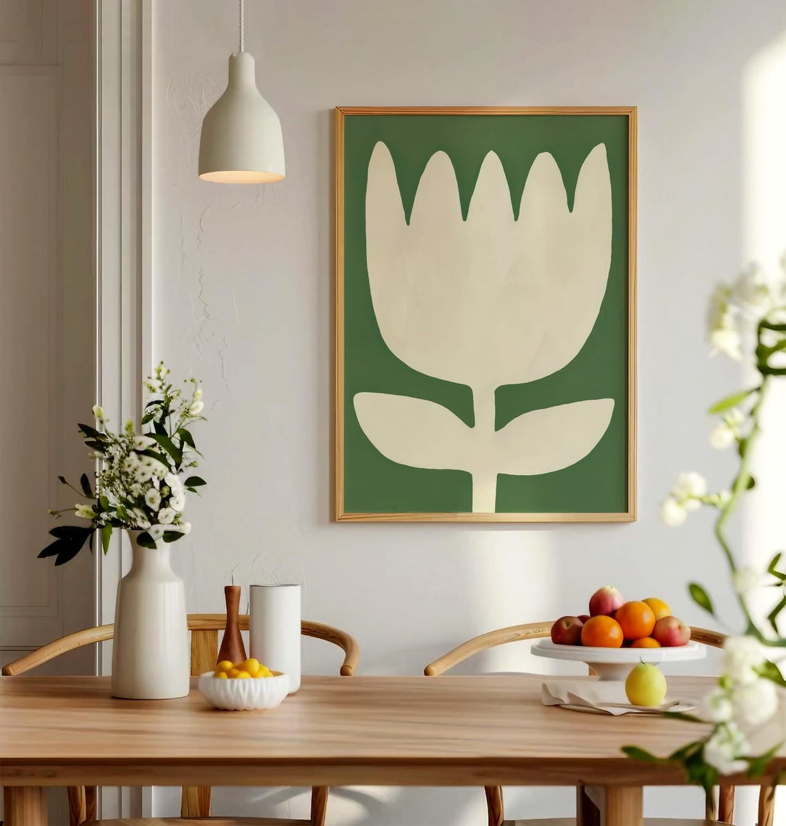 Abstract Green Tulip Art Scandinavian Mid-Century Modern Wall Decor ...