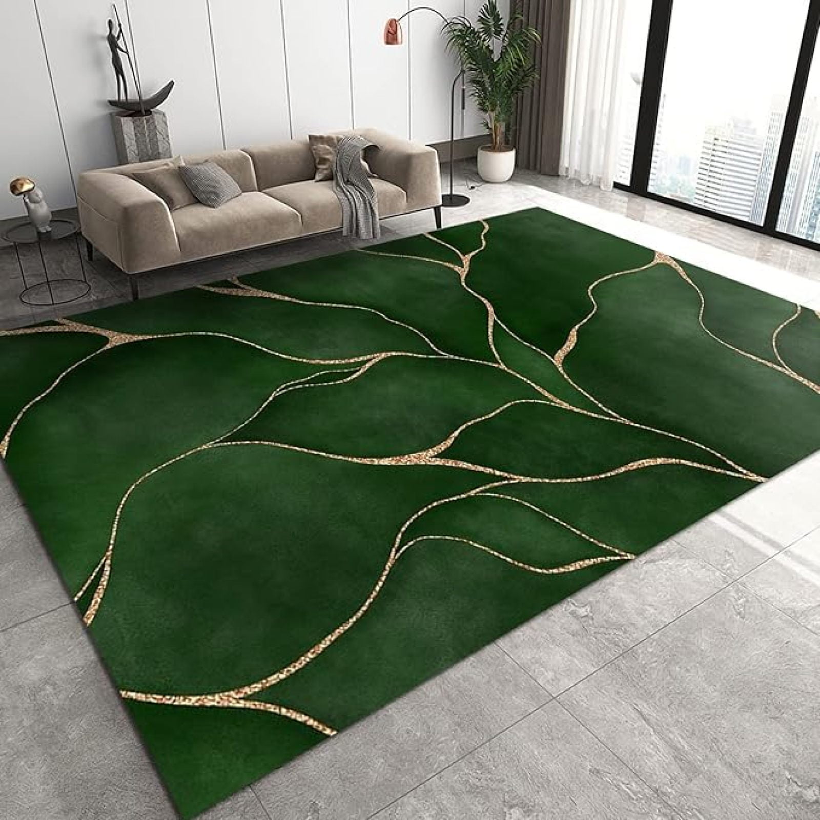 Abstract Green Turquoise Area Rugs, 3D Golden Curved Lines Minimalist ...