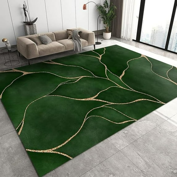 Abstract Green Turquoise Area Rugs, 3D Golden Curved Lines Minimalist ...