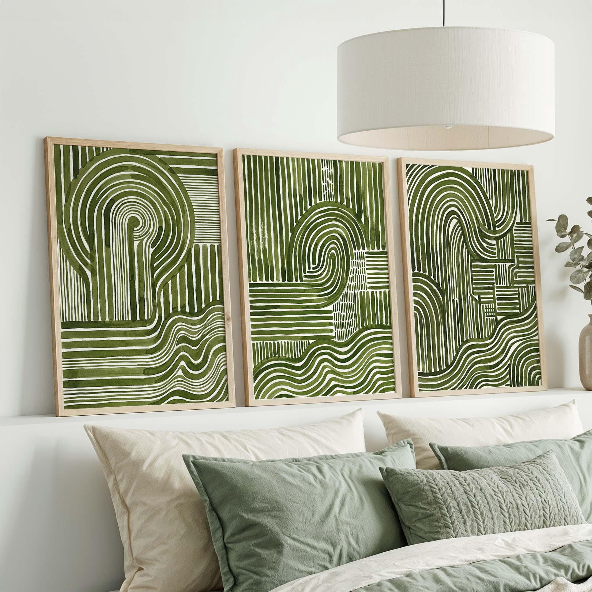Abstract Green Wall Art Mid Century Modern Line Print Trio Olive ...