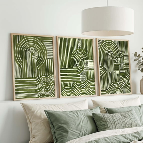 Abstract Green Wall Art Mid Century Modern Line Print Trio Olive ...