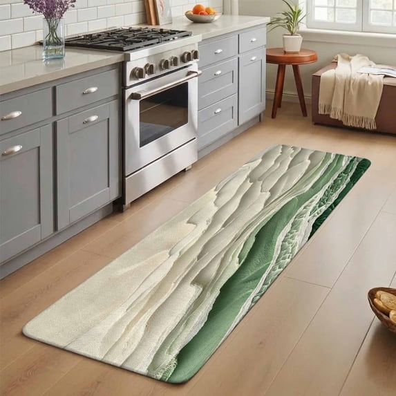 Abstract Green Washable Runner Rug 2X5 ft Beige Ocean Wave Oil Painting ...