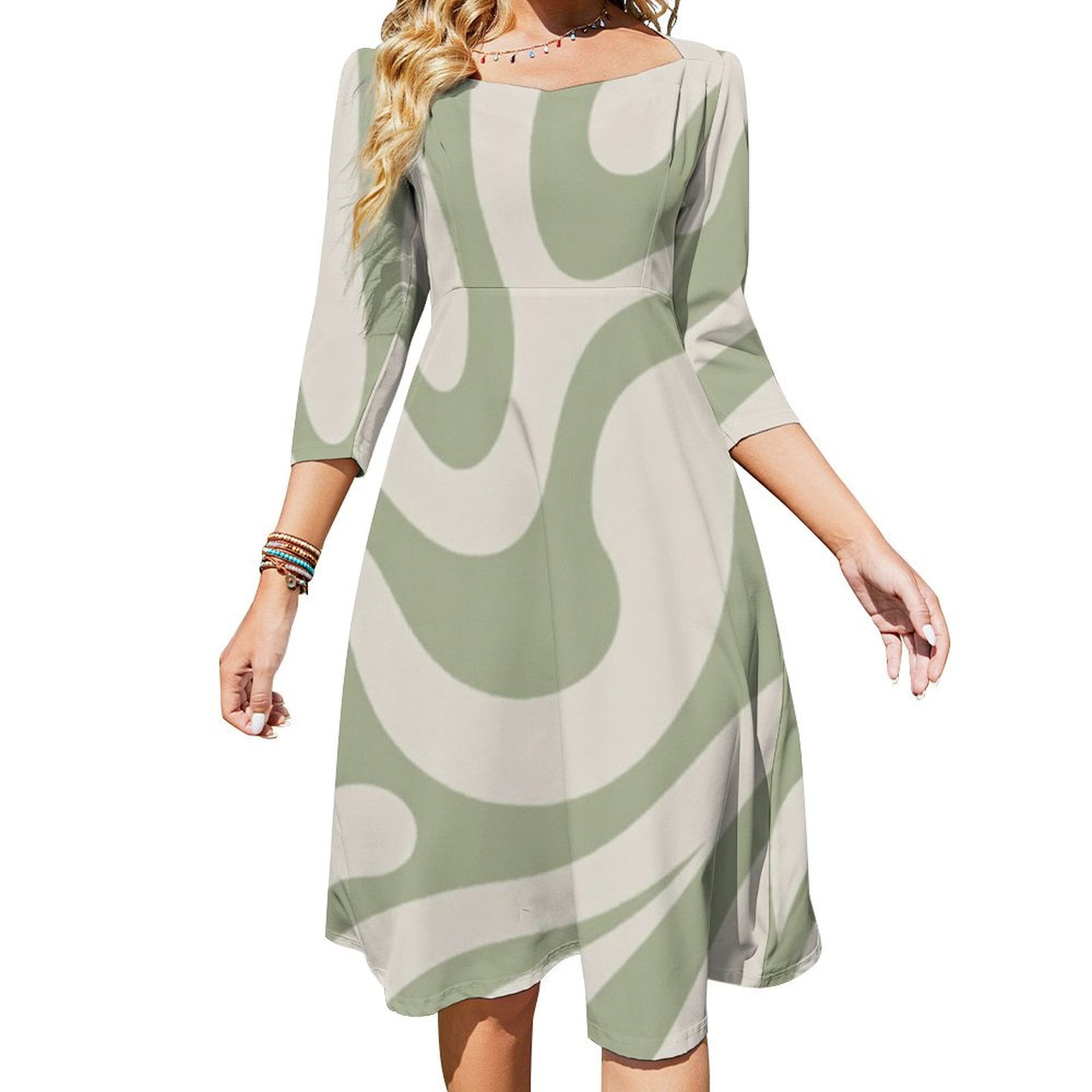 Abstract Green Wave Pattern Art Women's Fall Dresses Casual Loose Flowy ...