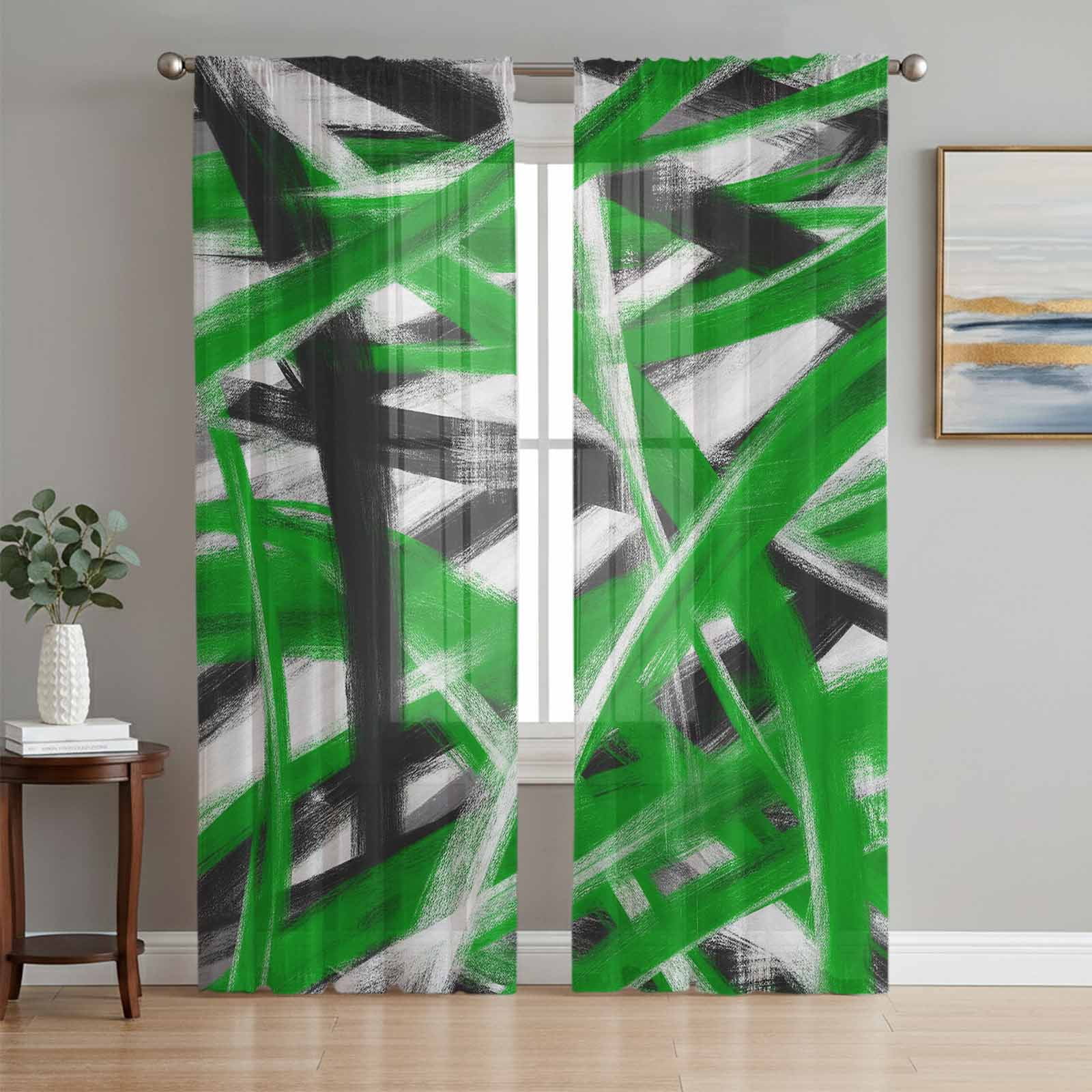 Abstract Green Waves Sheer Curtains for Living Room Bedroom, Modern ...
