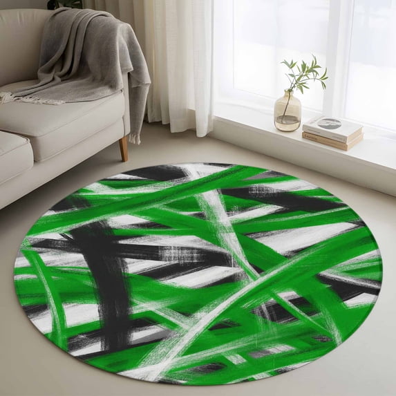 Abstract Green Waves Washable Round Area Rug 3.3 ft, Modern Minimalist ...