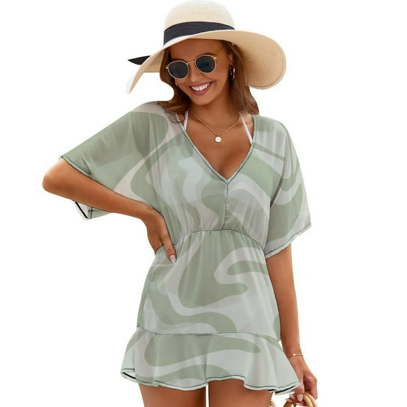 Abstract Green Wavy Design Cover Ups Dresses Women Summer Dress Vintage ...