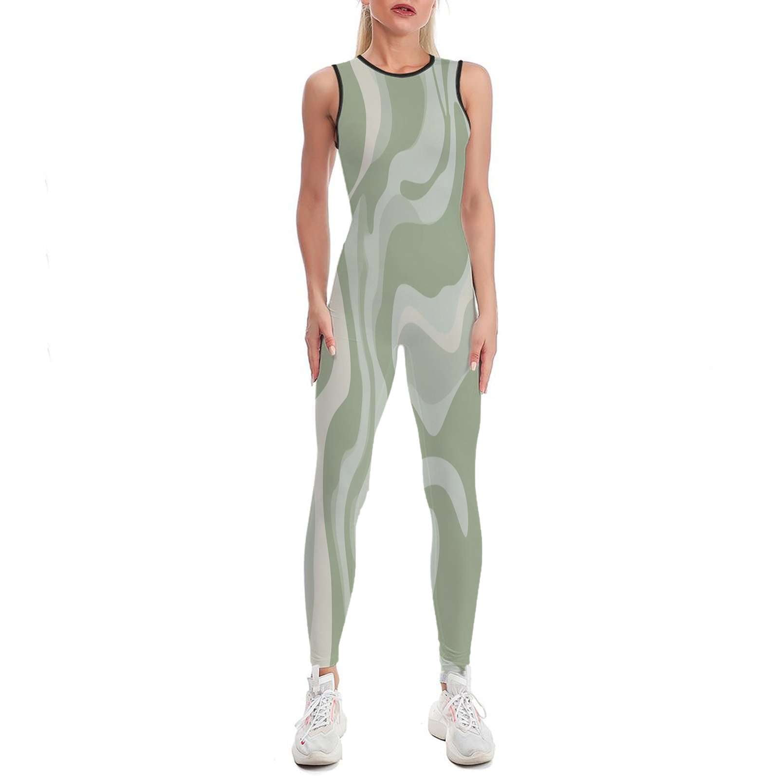 Abstract Green Wavy Design Women's One Piece Yoga Jumpsuits Leggings ...
