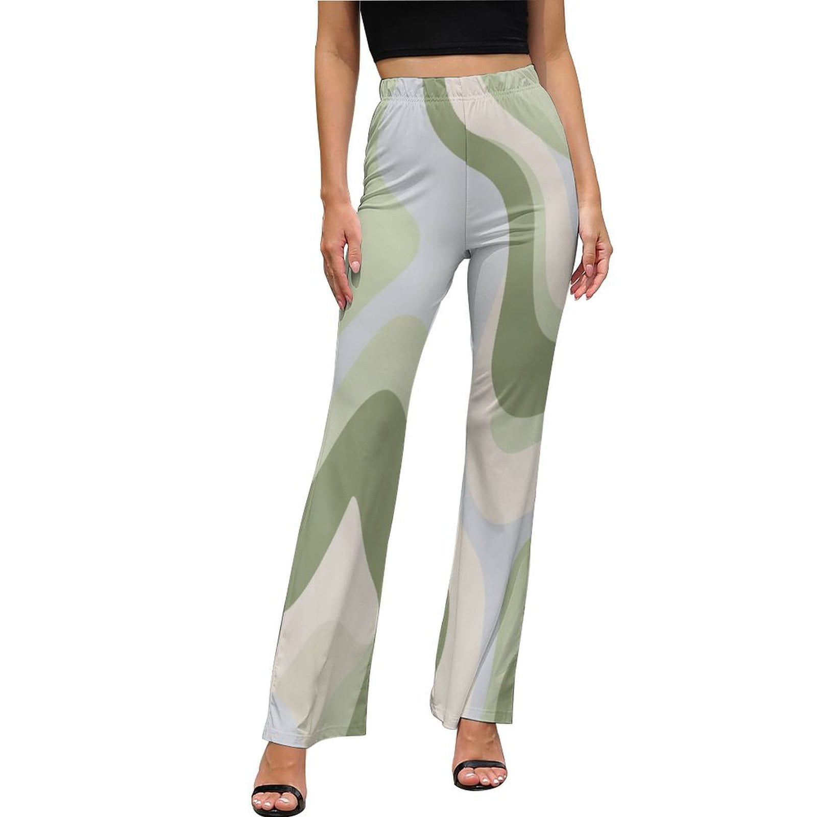 Abstract Green Wavy Pattern Design High Waisted Casual Flared Trousers ...