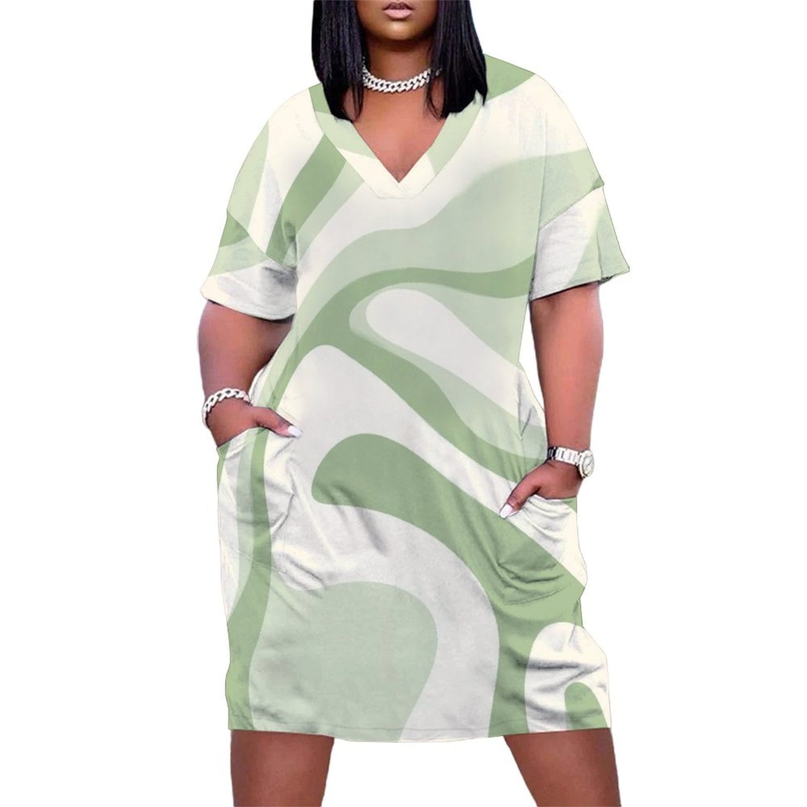 Abstract Green Wavy Pattern Design Loose Pocket Dress Dresses Summer ...