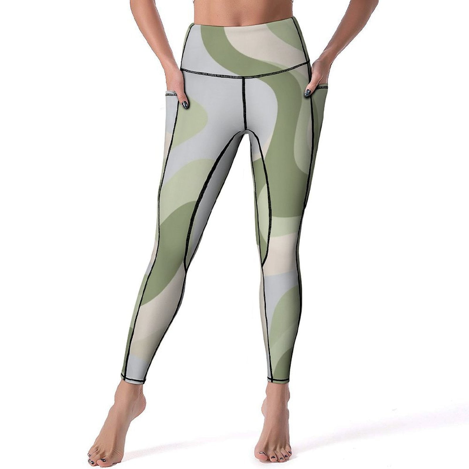 Abstract Green Wavy Pattern Design Pants Leggings for Fitness Fitness ...