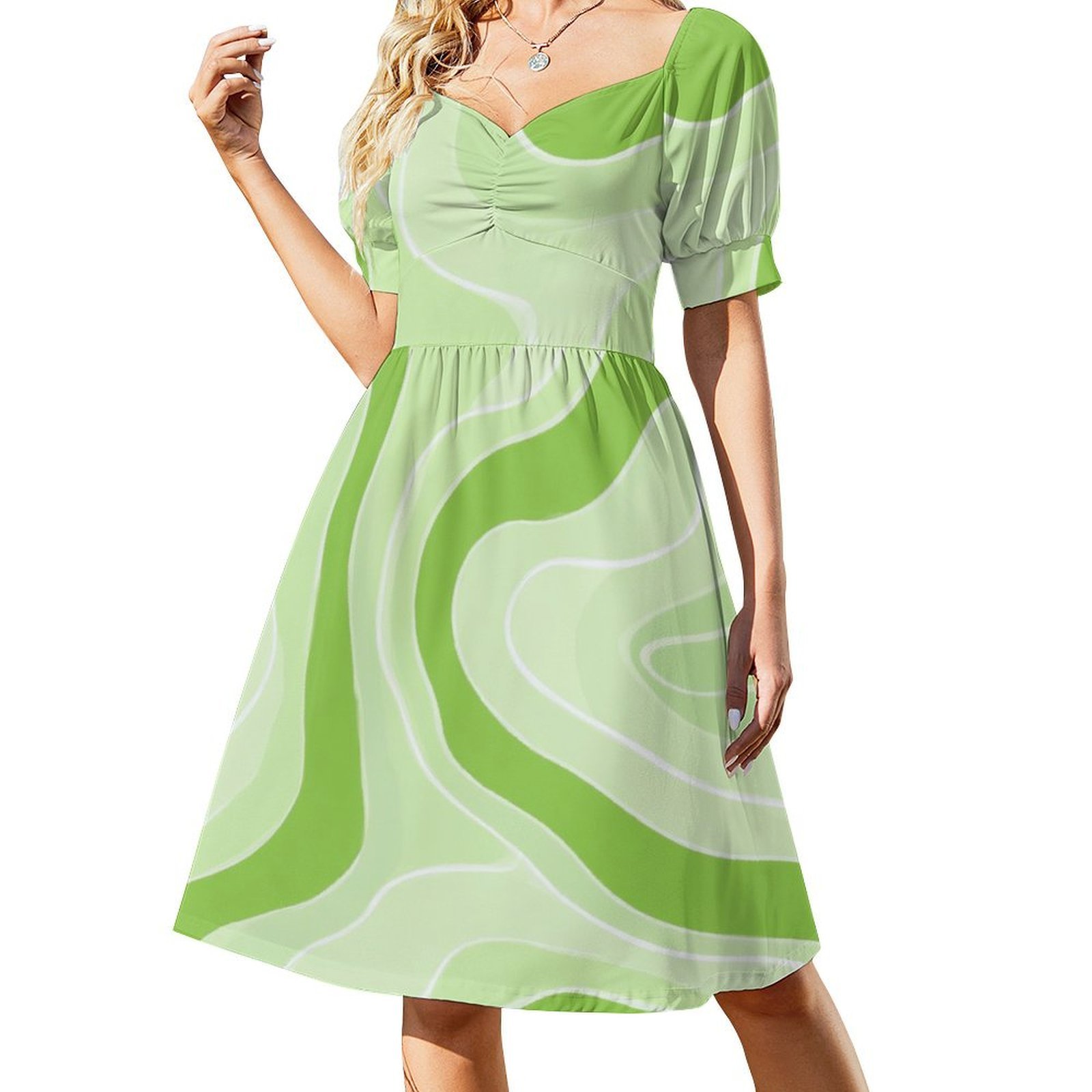 Abstract Green Wavy Pattern Design Short Sleeve Dress Clothes Women's ...