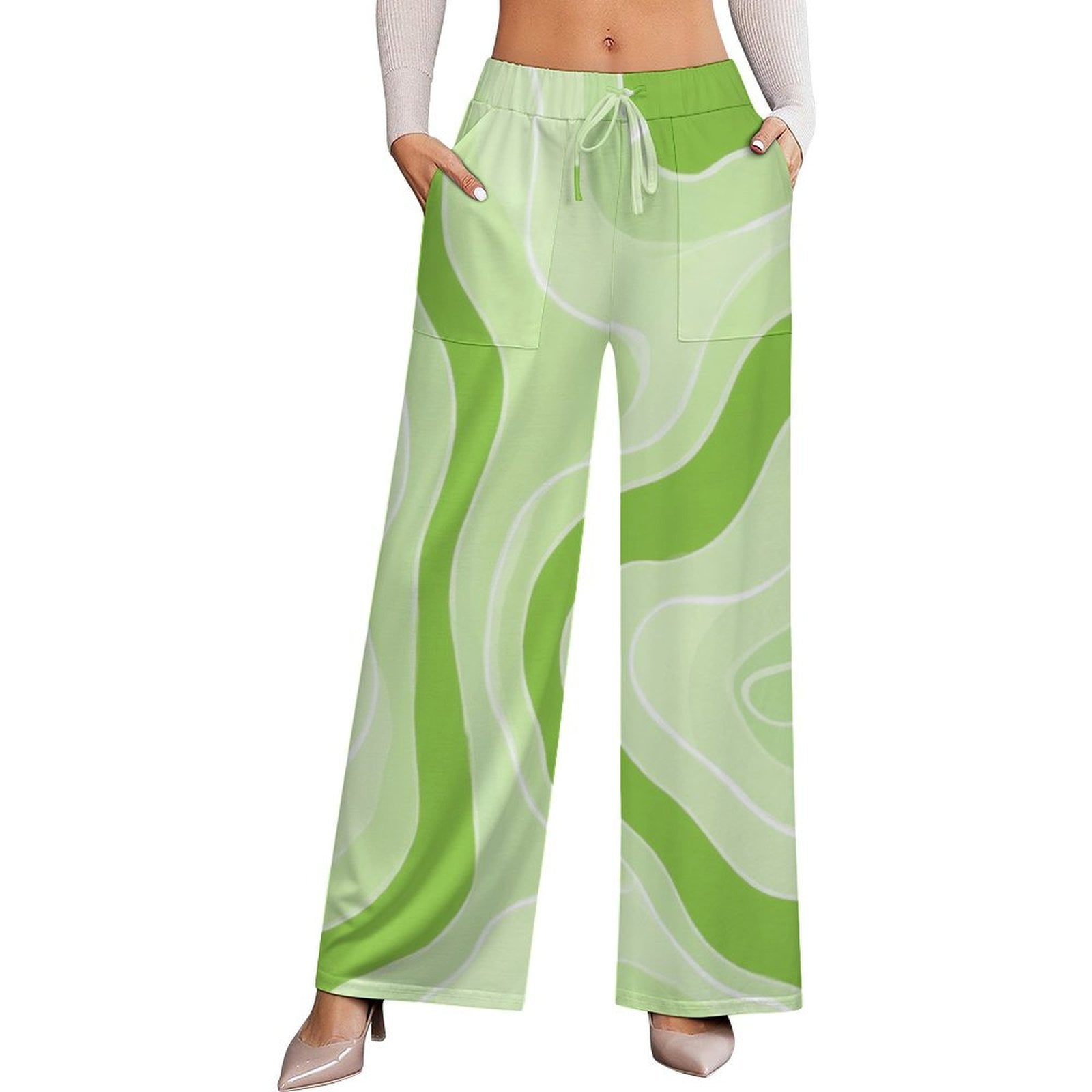Abstract Green Wavy Pattern Design Women's Casual Wide Leg Pants ...