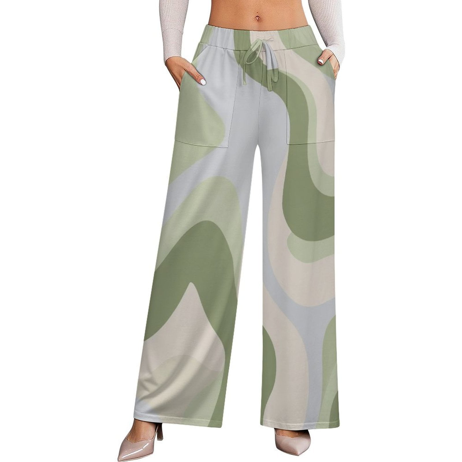 Abstract Green Wavy Pattern Design Women's Casual Wide Leg Pants ...