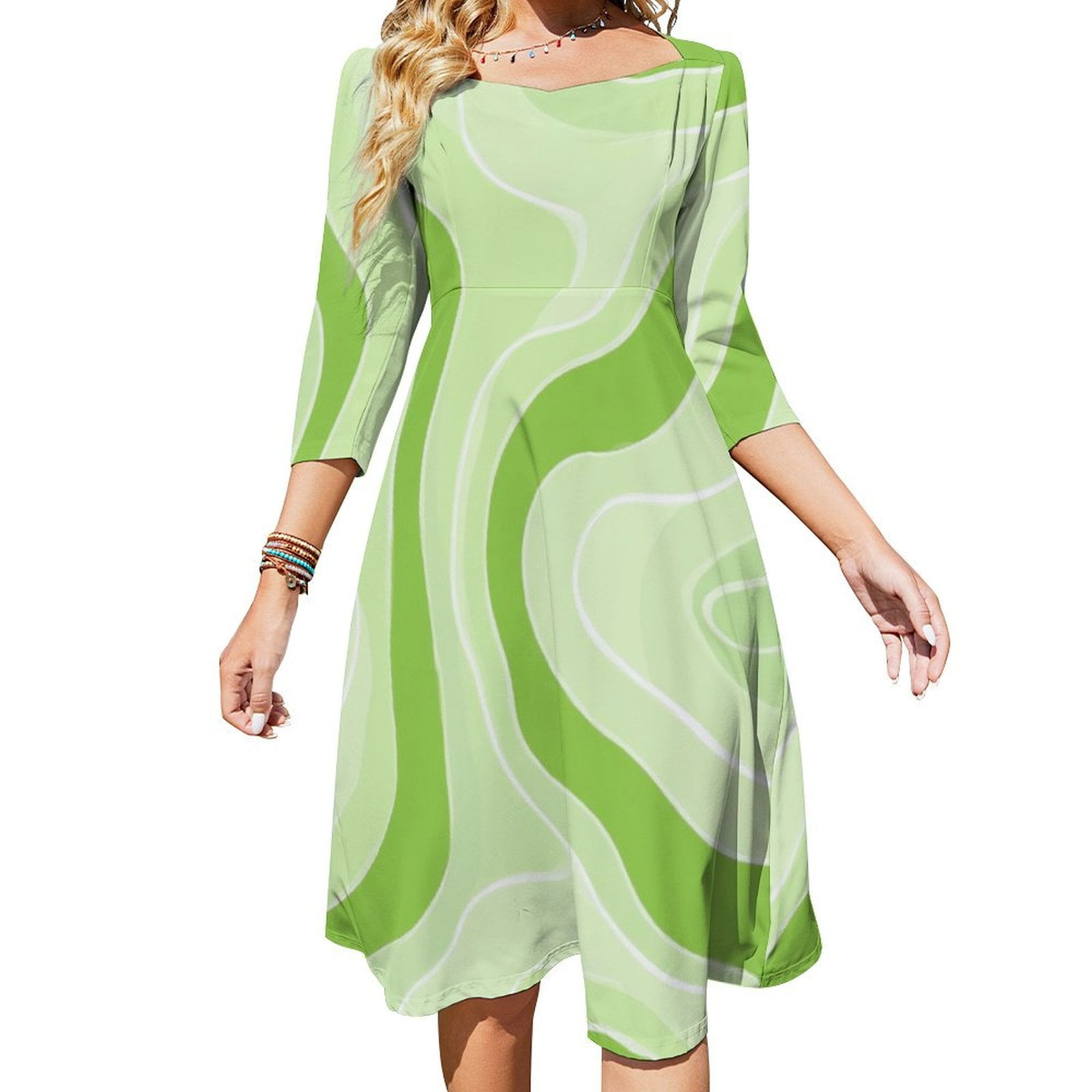 Abstract Green Wavy Pattern Design Women's Fall Dresses Casual Loose ...