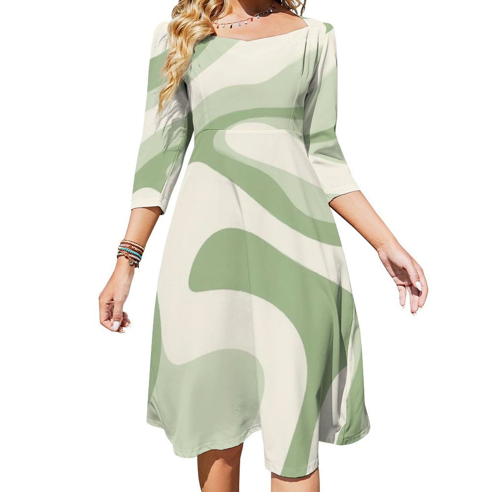 Abstract Green Wavy Pattern Design Women's Fall Dresses Casual Loose ...