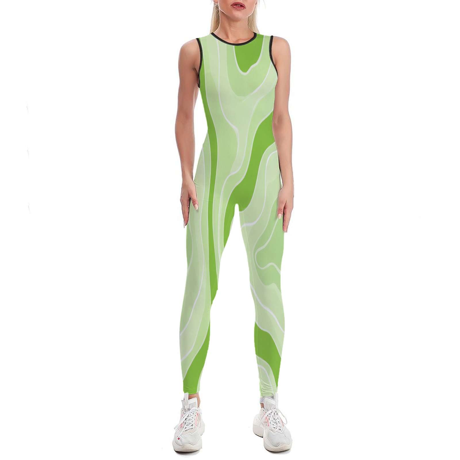 Abstract Green Wavy Pattern Design Women's One Piece Yoga Jumpsuits ...