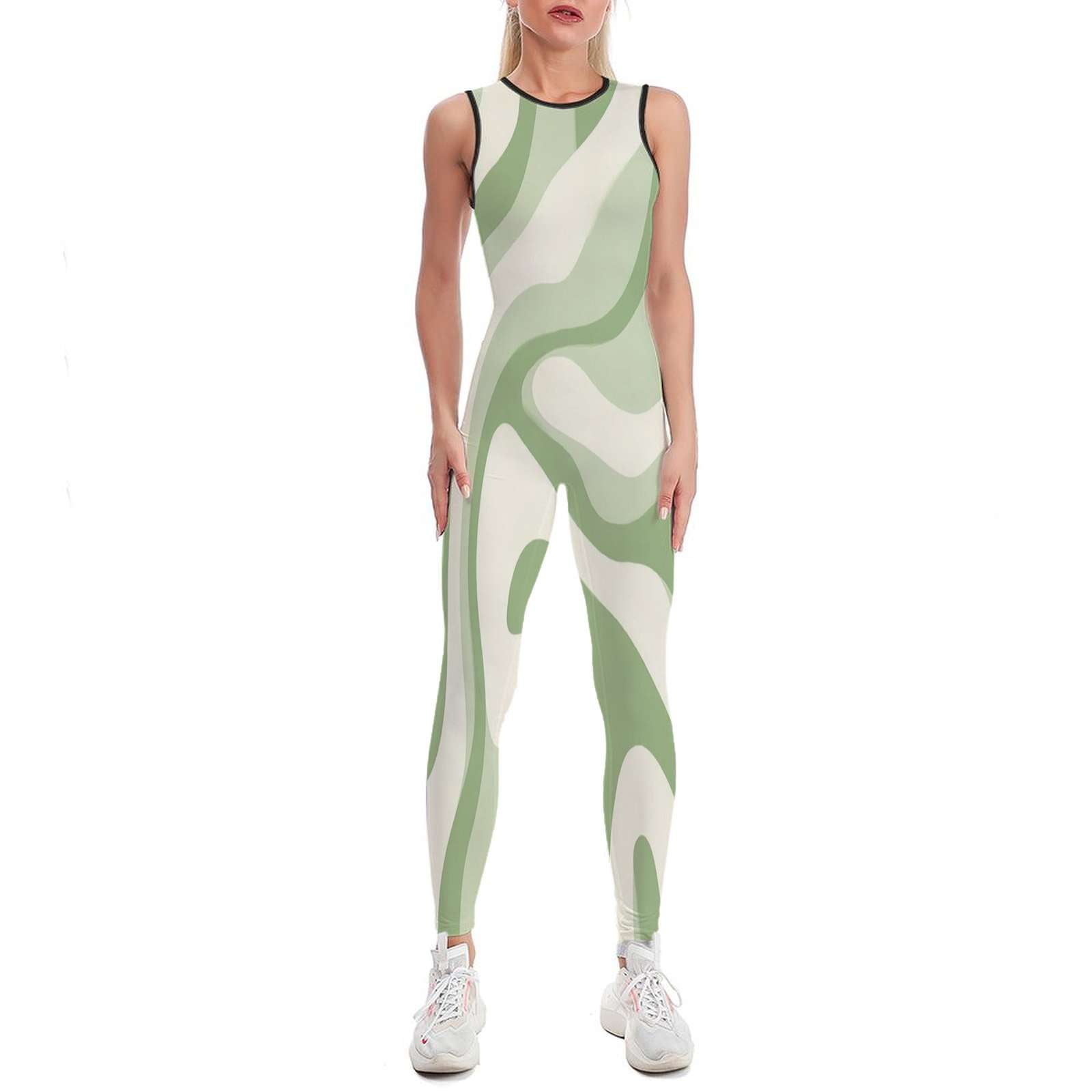 Abstract Green Wavy Pattern Design Women's One Piece Yoga Jumpsuits ...