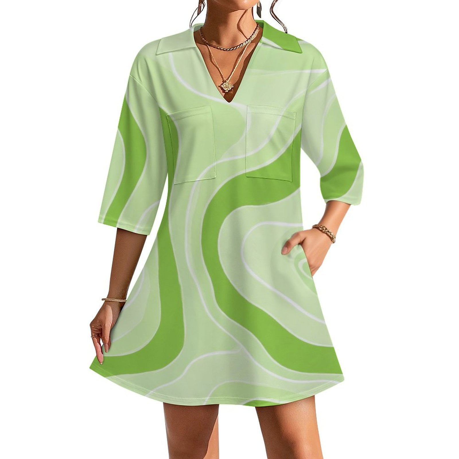 Abstract Green Wavy Pattern Design Womens Dress With Pockets Summer V ...