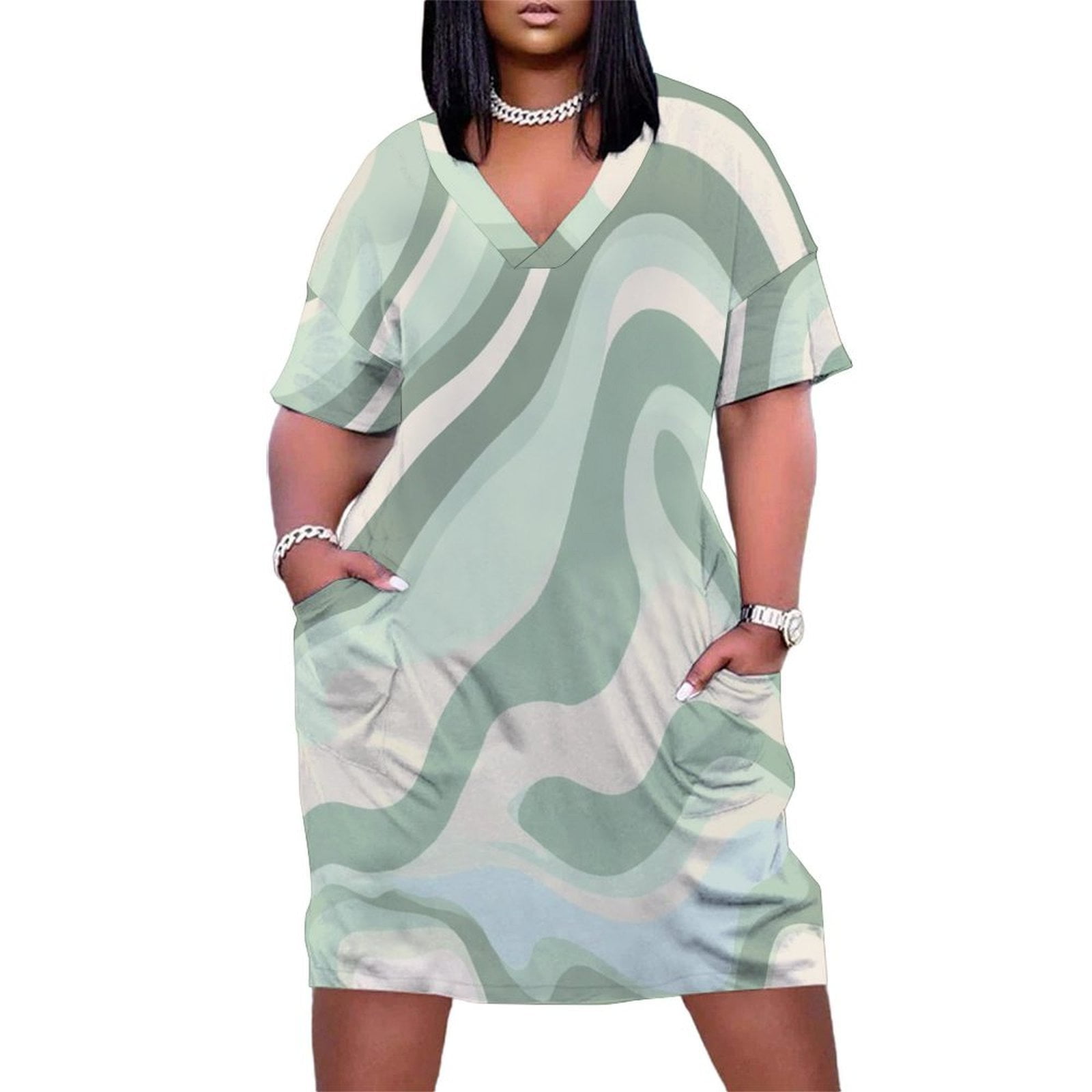 Abstract Green Wavy Pattern Loose Pocket Dress Dresses Summer Summer ...