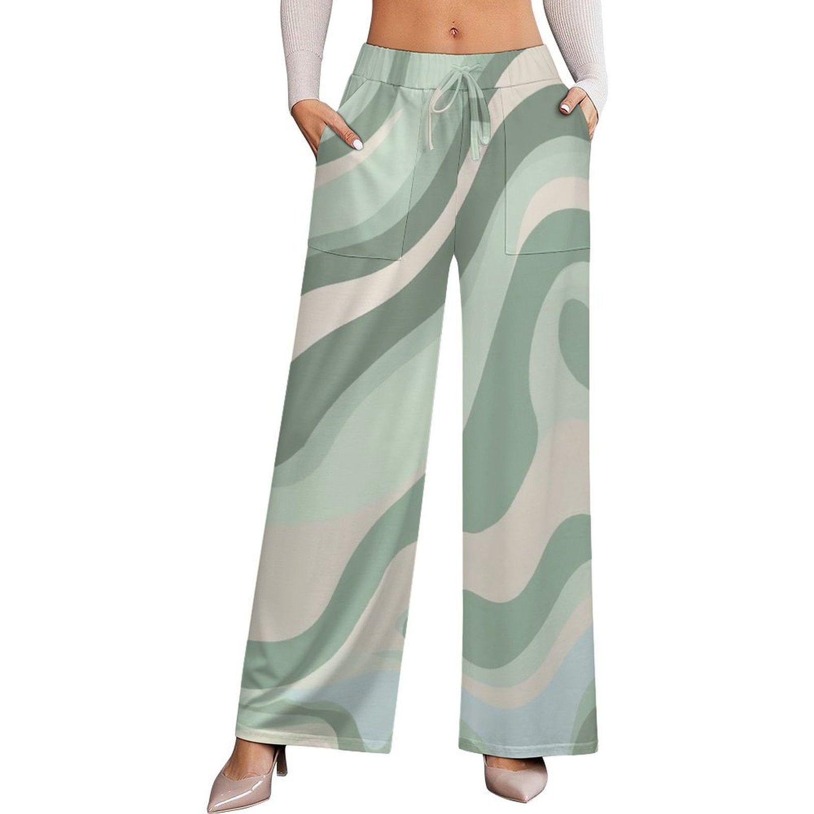 Abstract Green Wavy Pattern Women's Casual Wide Leg Pants Comfort ...