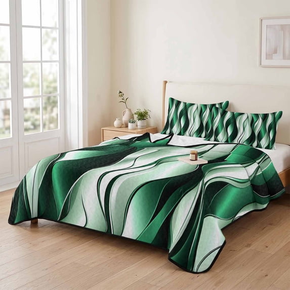 Abstract Green White Wavy Line 3 Pieces Quilt Set,1 Quilt with 2 Shams ...