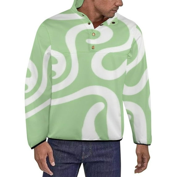 Abstract Green White Wavy Lines Men's Stand Collar Sweater Long Sleeve ...