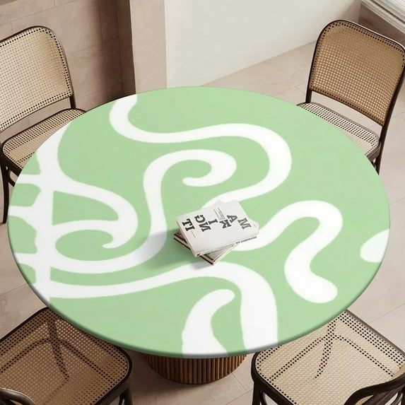 Abstract Green White Wavy Lines Round Table Cover Kitchen Printed ...