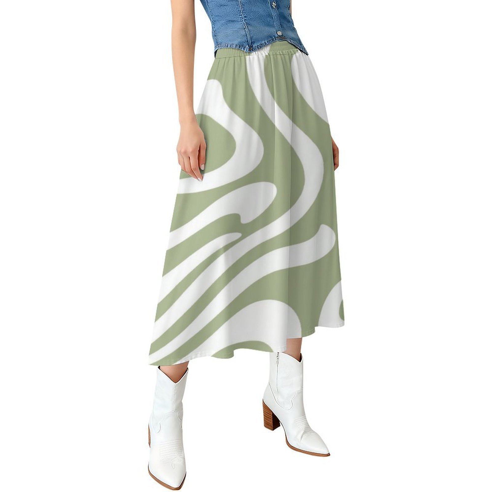 Abstract Green White Wavy Lines Women High Waist Midi Skirt Elegant ...