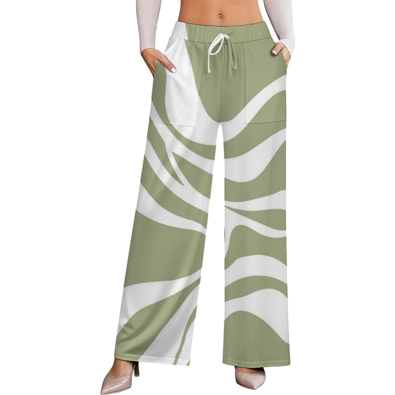 Abstract Green White Wavy Lines Women's Casual Wide Leg Pants Comfort ...