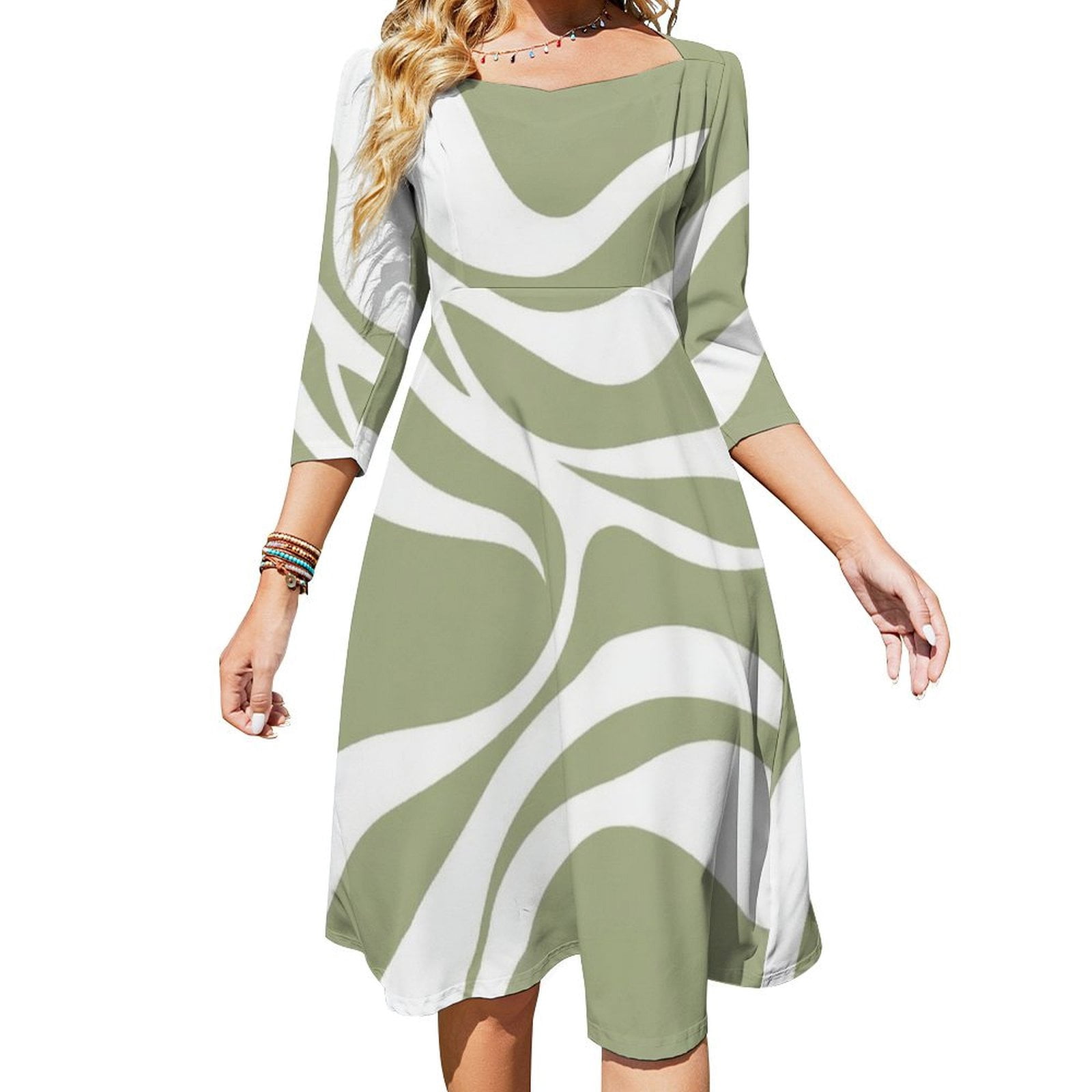 Abstract Green White Wavy Lines Womens Summer Dress Tie Back A Line ...