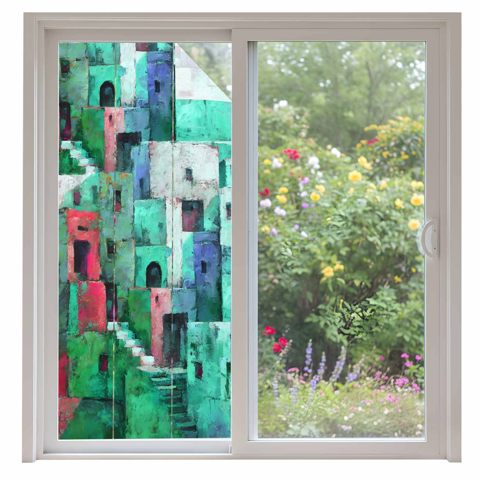 Abstract Green Window Privacy Film, Painting Buildings Geometric Color ...