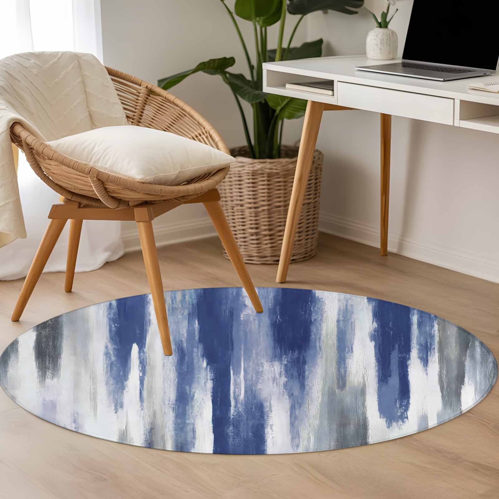 Abstract Grey 3.3ft Round Rug for Bedroom Reading Corner, Navy Blue ...