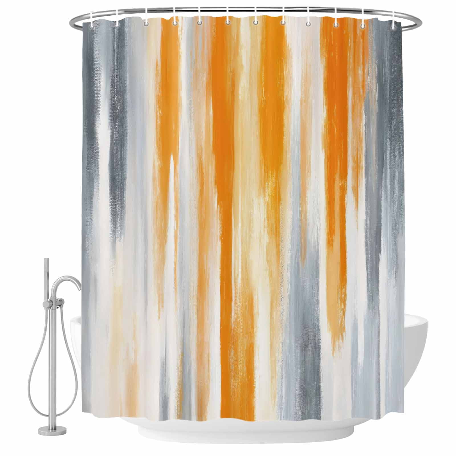 Abstract Grey Bathroom Shower Curtains with Hooks, Orange Mottled ...