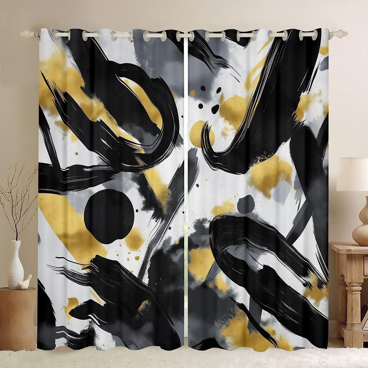Abstract Grey Black Gold Curtains for Bedroom Boho Modern Geometric ...