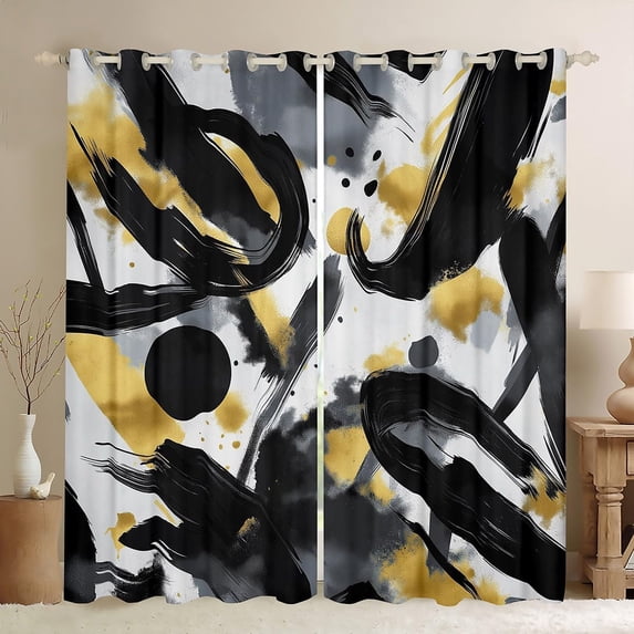 Abstract Grey Black Gold Curtains for Bedroom Boho Modern Geometric ...